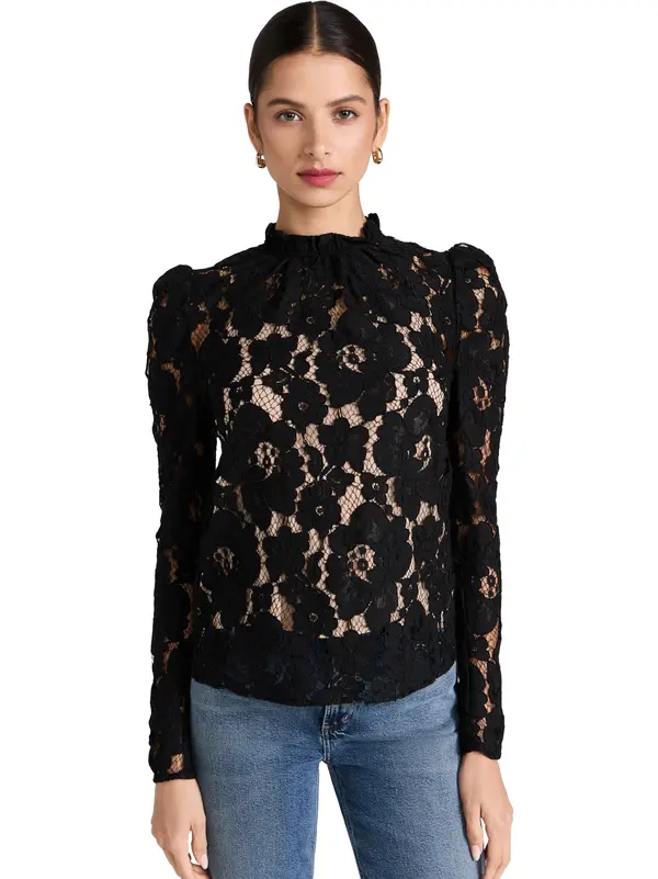 WAYF Emma Puff Sleeve Lace Top - Black