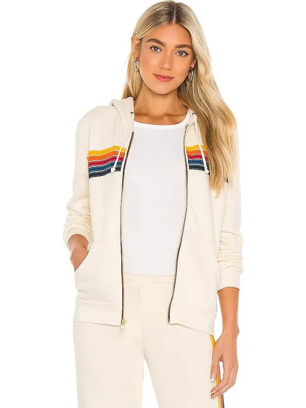 Aviator Nation 5 Stripe Zip-up Hoodie - Vintage White