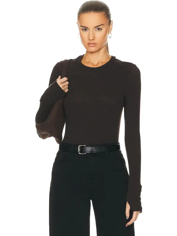 Enza Costa Cashmere Easy Cuffed Crew Neck Top - Dark Brown