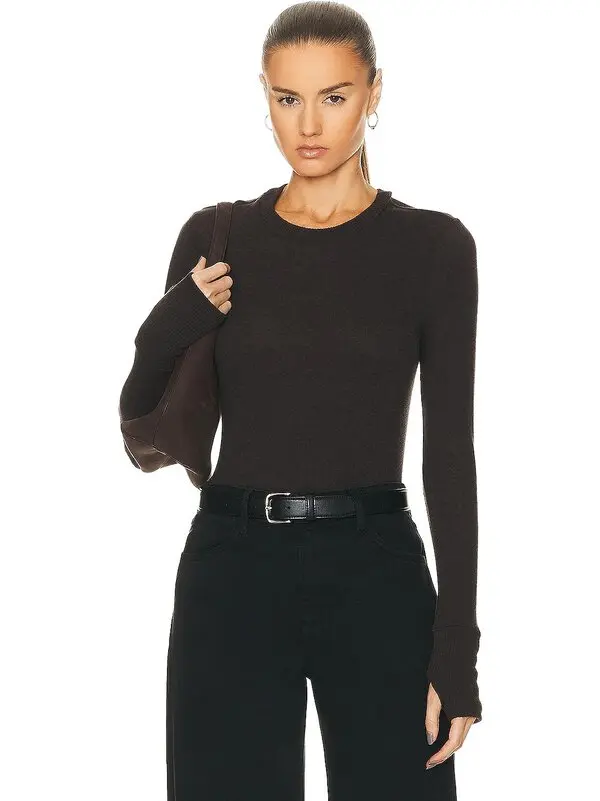 Enza Costa Cashmere Easy Cuffed Crew Neck Top - Dark Brown
