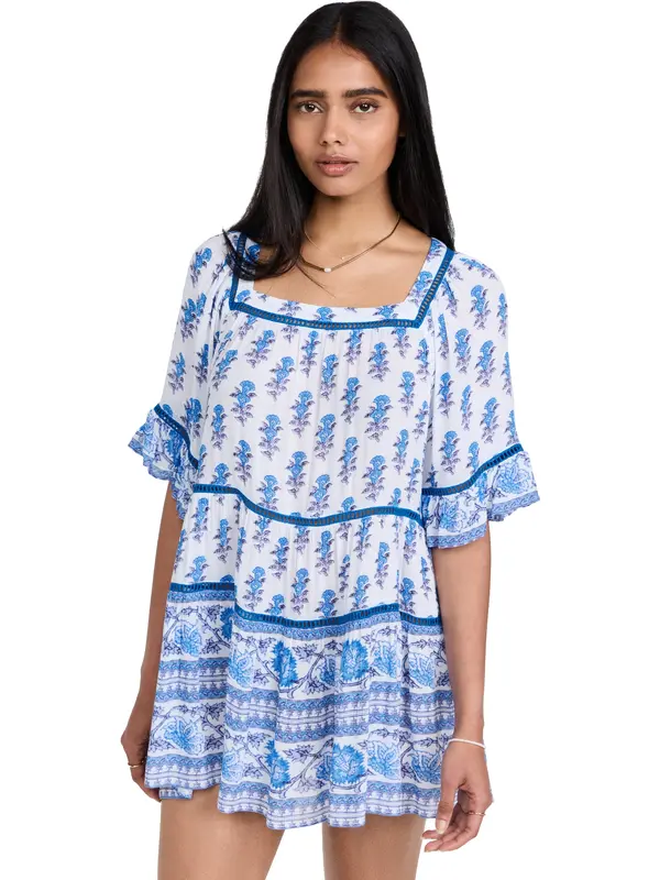 Playa Lucila Drop Waist Floral Print Dress - Blue Border Print