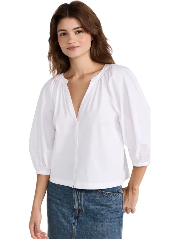 Staud Gathered Puff-sleeve Button-down Top - White