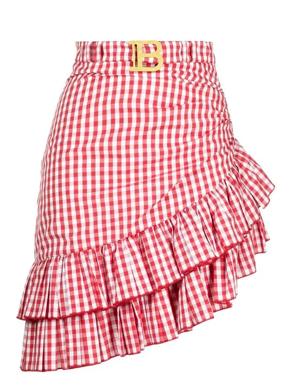 Balmain Plaid Cotton Poplin Skirt - Red