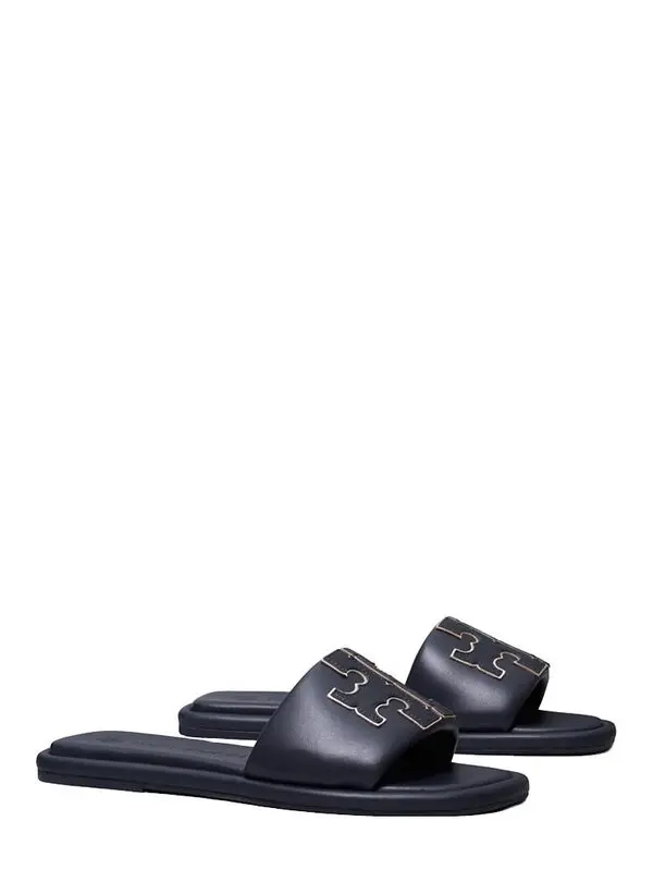 Tory Burch Double T Leather Slide - Perfect Navy/gold