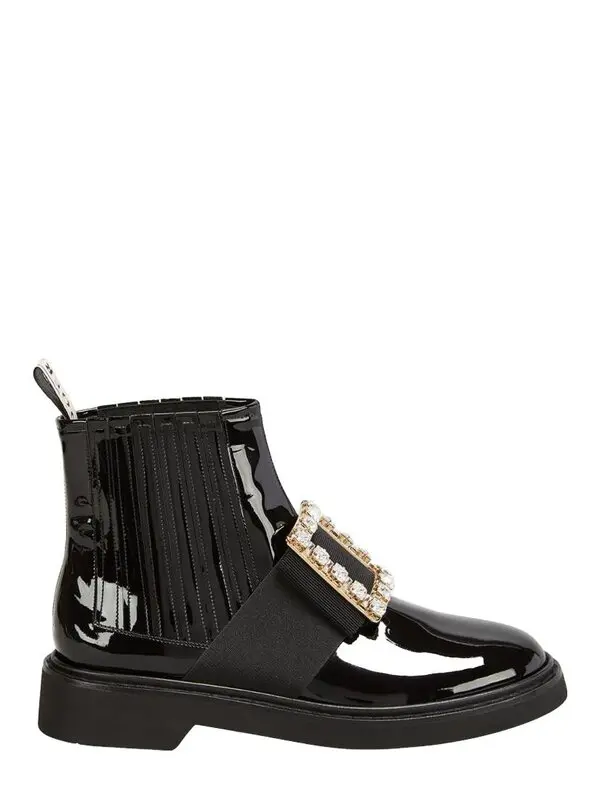 ROGER VIVIER Viv' Rangers Patent Chelsea Booties With Crystal Buckle - Black