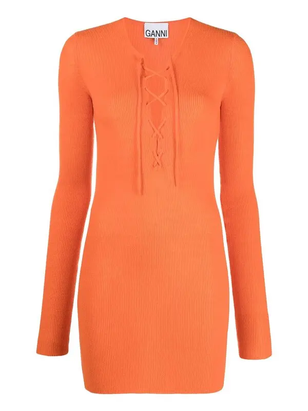 GANNI Lace-up Merino Wool Top - Orange