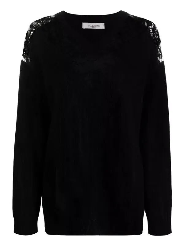Valentino Garavani Lace-embellished V-neck Jumper - Black