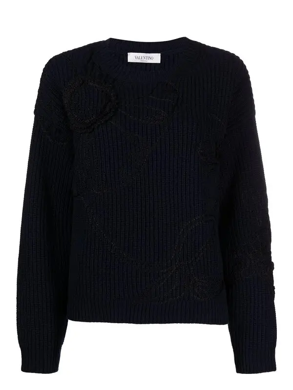 Valentino Garavani Floral-embroidered Knitted Jumper - Blue