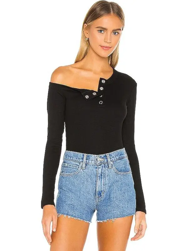 THE LINE BY K Harley Ribbed Jersey Top With Button Placket - Black