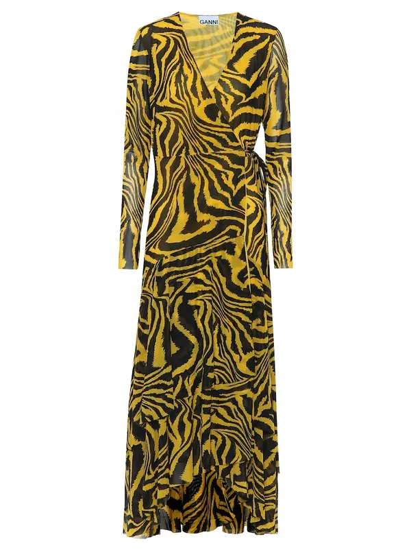 GANNI Animal-print Mesh Wrap Dress - Yellow