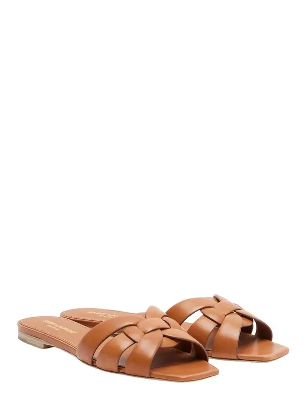 Saint Laurent Tribute Nu Pieds 05 Leather Slides - Cognac