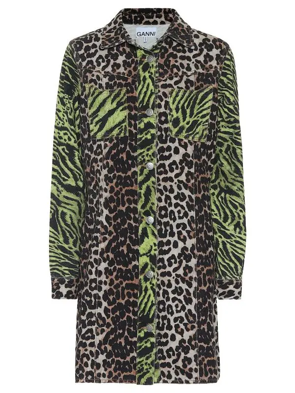 GANNI Leopard-print Denim Shirt Dress - Multicoloured