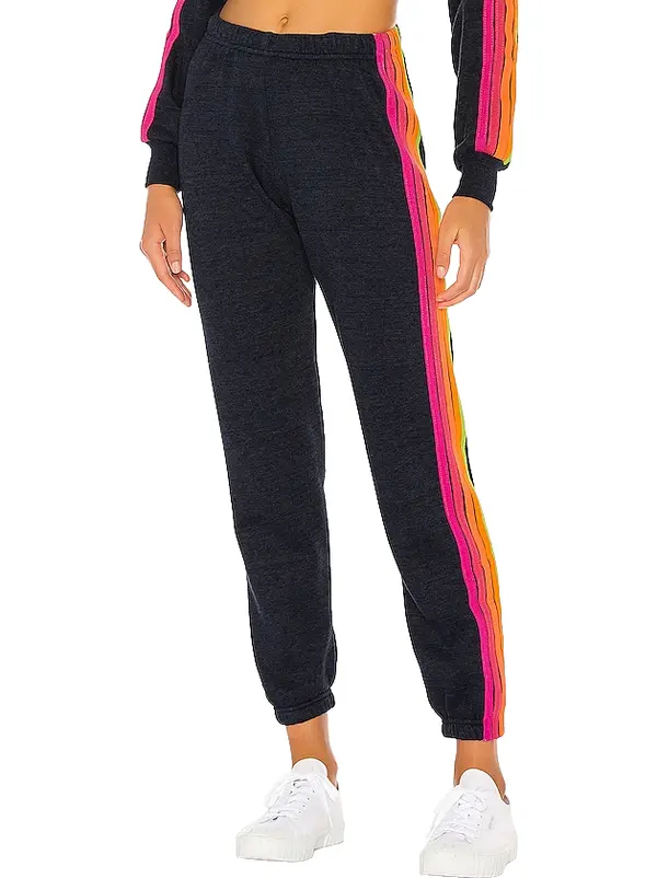 Aviator Nation 5 Stripe Fleece Sweatpants - Heather Navy Neon