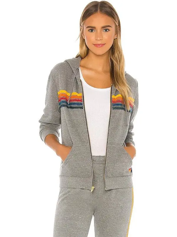 Aviator Nation 5 Stripe Zip Hoodie - Heather Grey