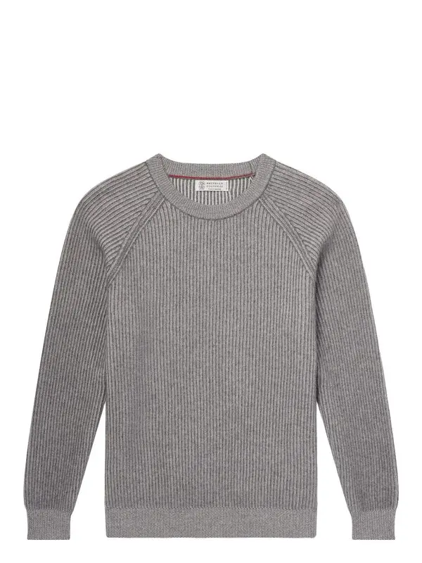 Brunello Cucinelli Striped Ribbed Cashmere Sweater - Gray