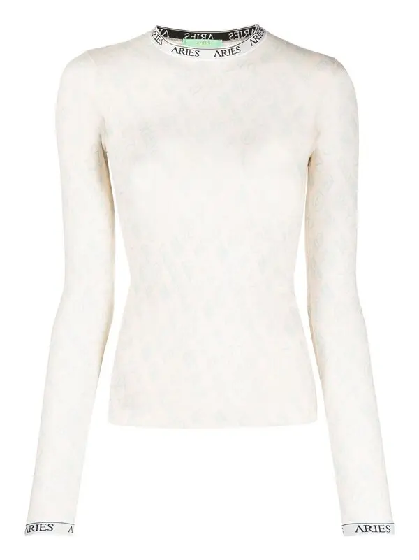 Aries Monogram Long-sleeved Tulle Top - Neutrals