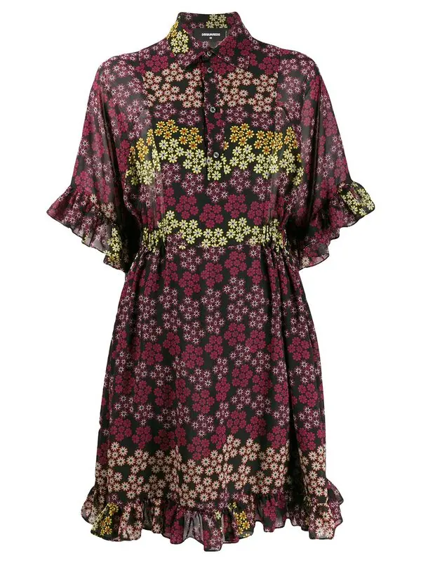 Dsquared2 Floral Print Silk Blend Shirt Dress - Black