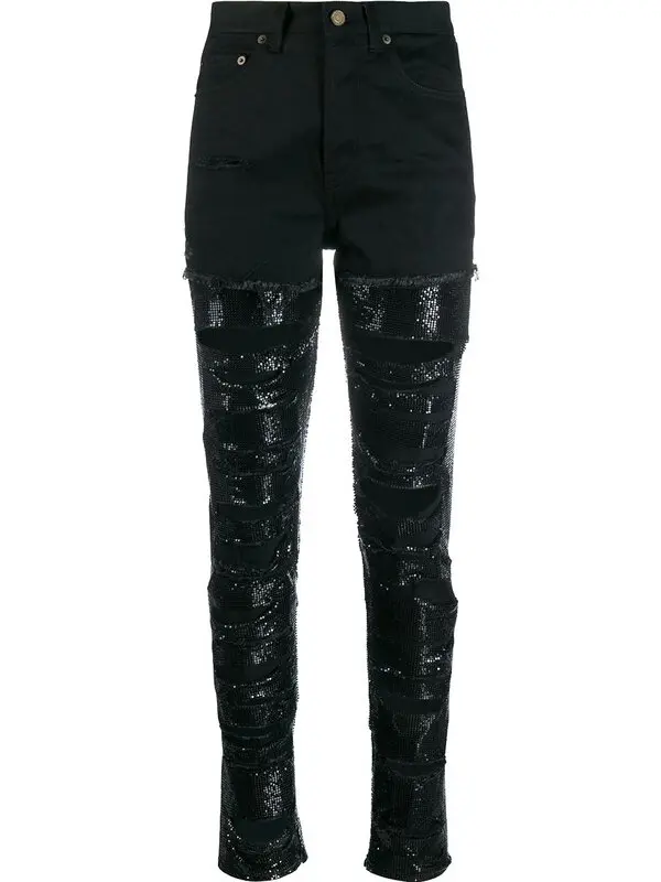 Saint Laurent Sequin-embellished Ripped Skinny Jeans - Black