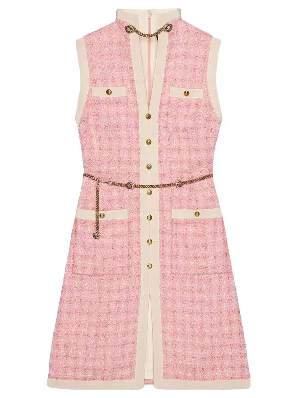 Gucci Short Tweed Dress With Chain Belt - Pink