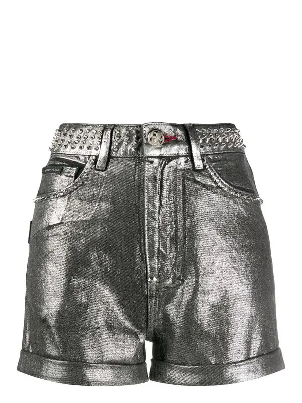 Philipp Plein Metallic Studded Shorts - Silver