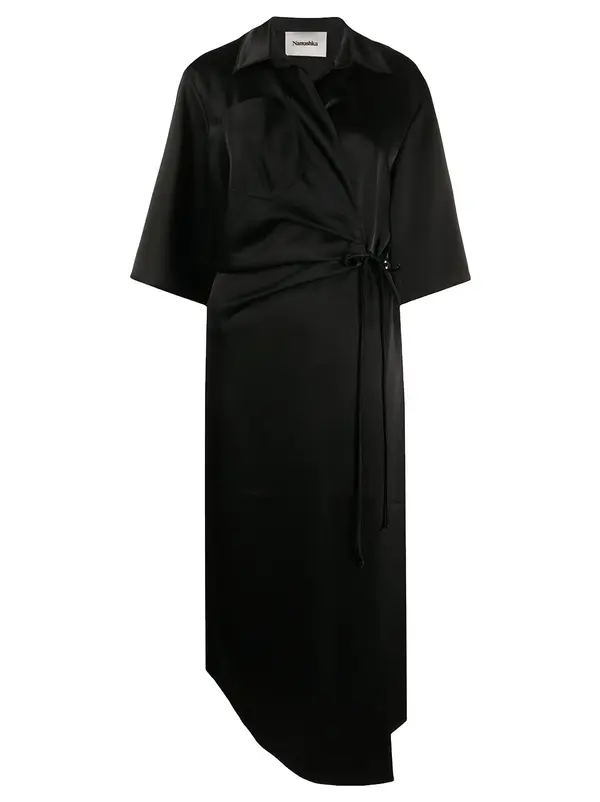 Nanushka Satin Wrap Midi Dress - Black