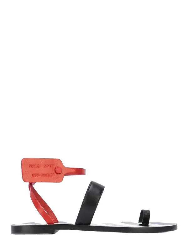 Off-White Leather Toe Strap Sandals With Red Ankle Strap - Black