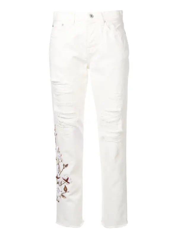 Off-White Floral Embroidered Distressed Jeans - White