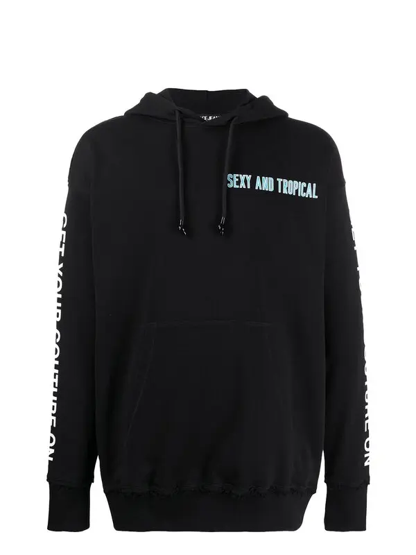 Versace Slogan Drawstring Hoodie - Black