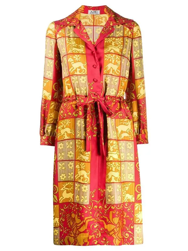 Hermès 1980s Silk Printed Shirt Dress - Yellow