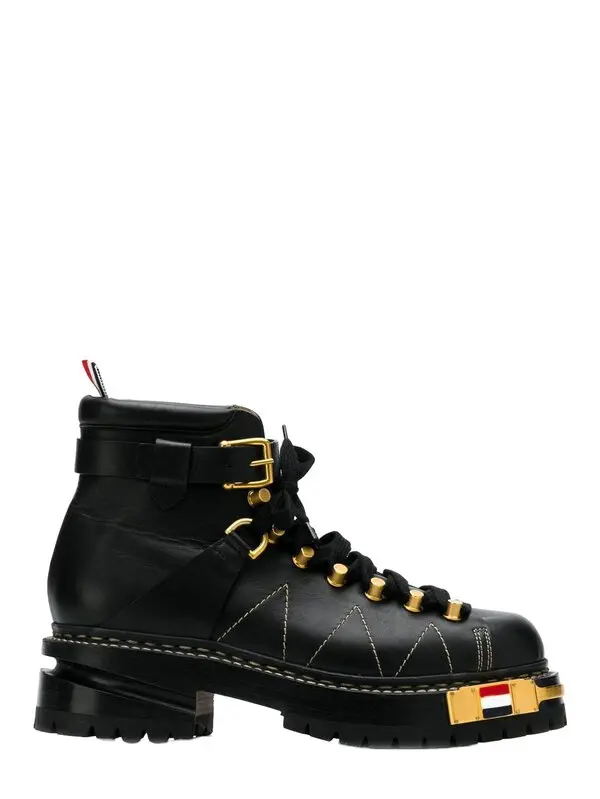Thom Browne Leather Hiking Boots With Gold Hardware - Black