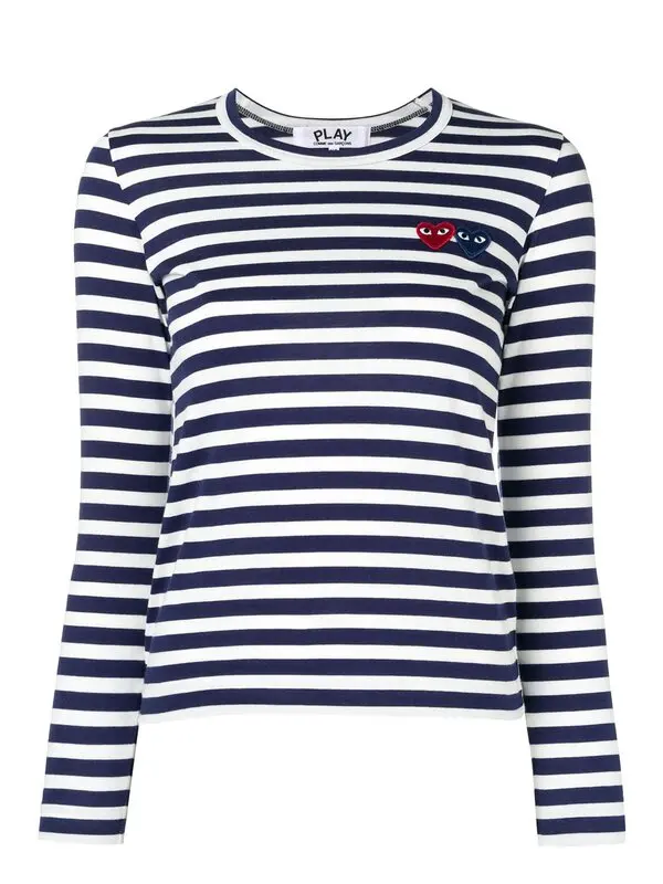 Play Comme Des Garcon Double Heart Logo Striped T-shirt - Blue