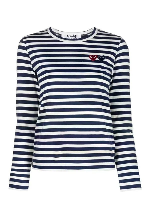 Play Comme Des Garcon Double Heart Logo Striped T-shirt - Blue