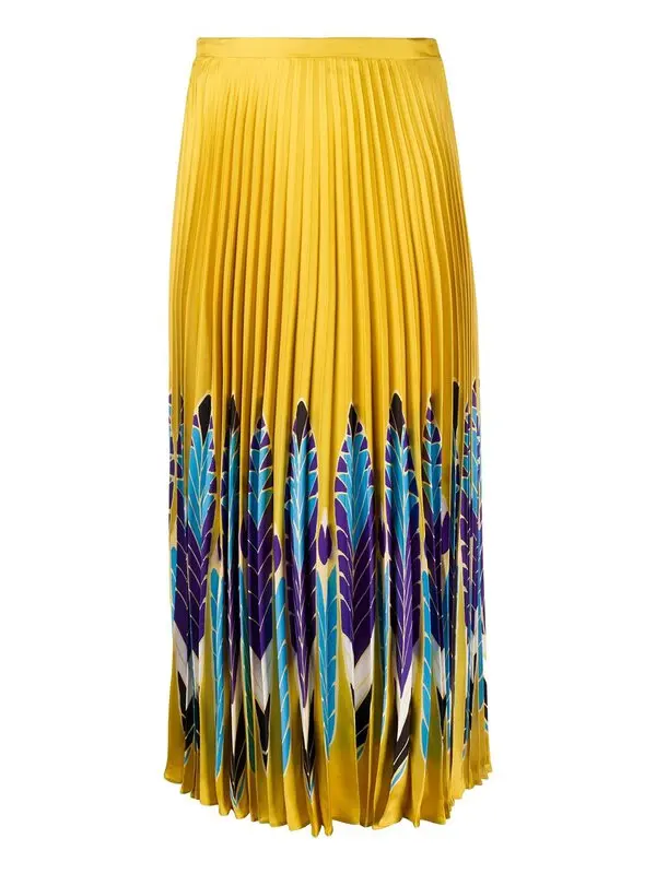 Valentino Garavani Feather Print Pleated Midi Skirt - Yellow