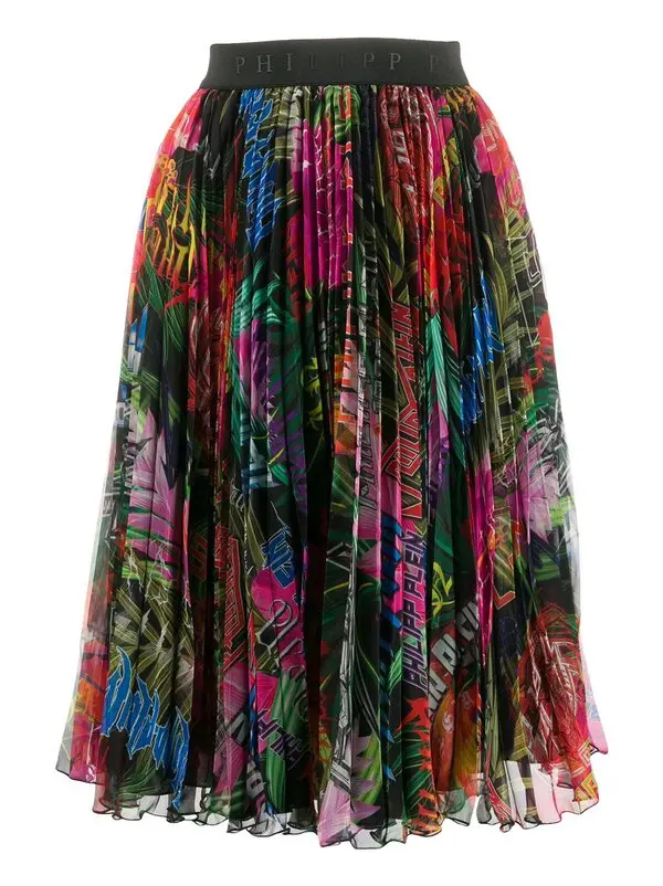 Philipp Plein Jungle Rock Print Pleated Skirt - Black
