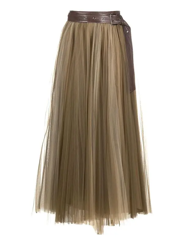 Brunello Cucinelli Pleated Tulle Overlay Skirt - Brown