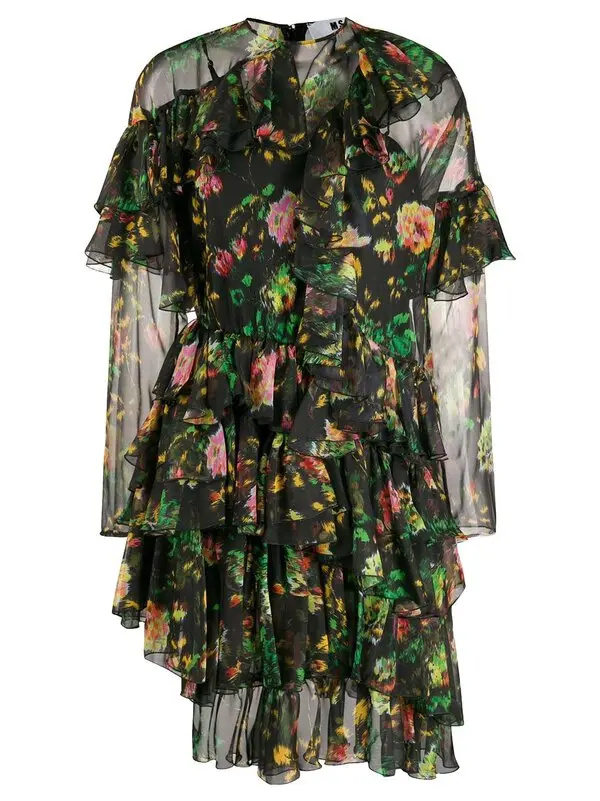 MSGM Floral Print Ruffled Dress - Black