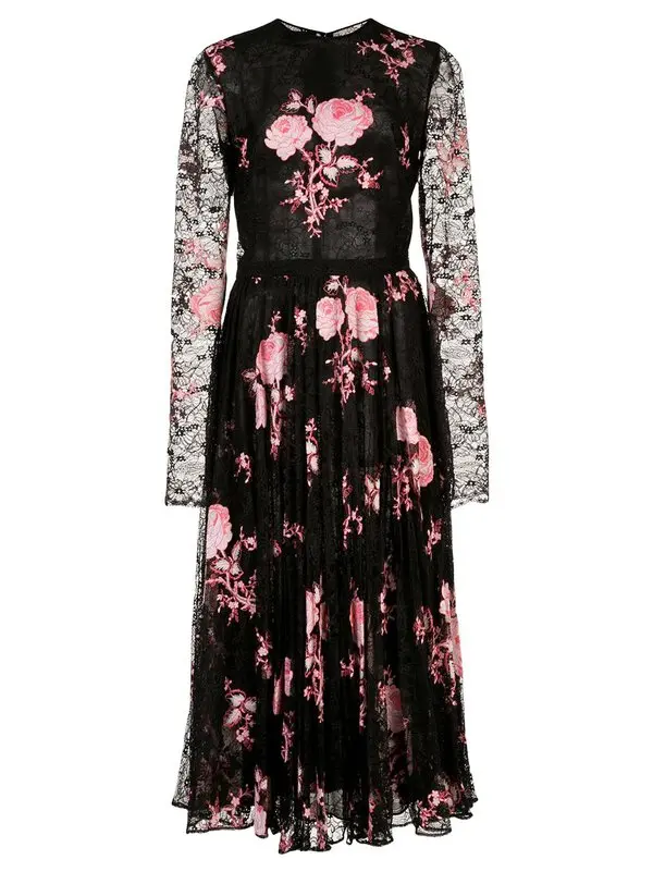 Giambattista Valli Floral Embroidered Pleated Skirt Dress - Black