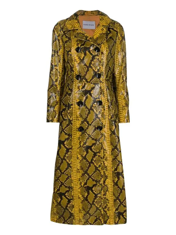 STAND STUDIO Snake Print Double-breasted Coat - Yellow