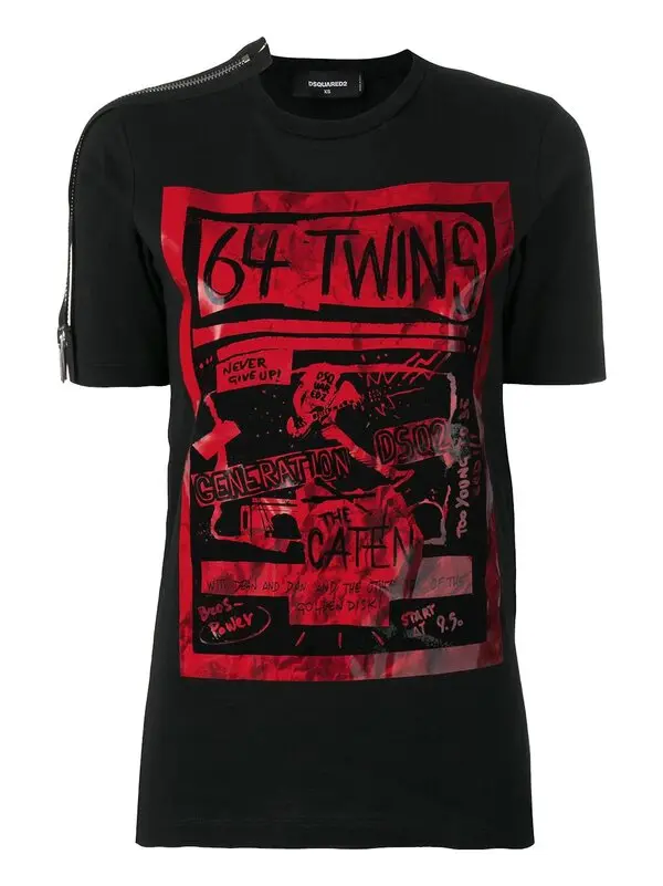 Dsquared2 Red Graphic Print T-shirt With Zip Detail - Black