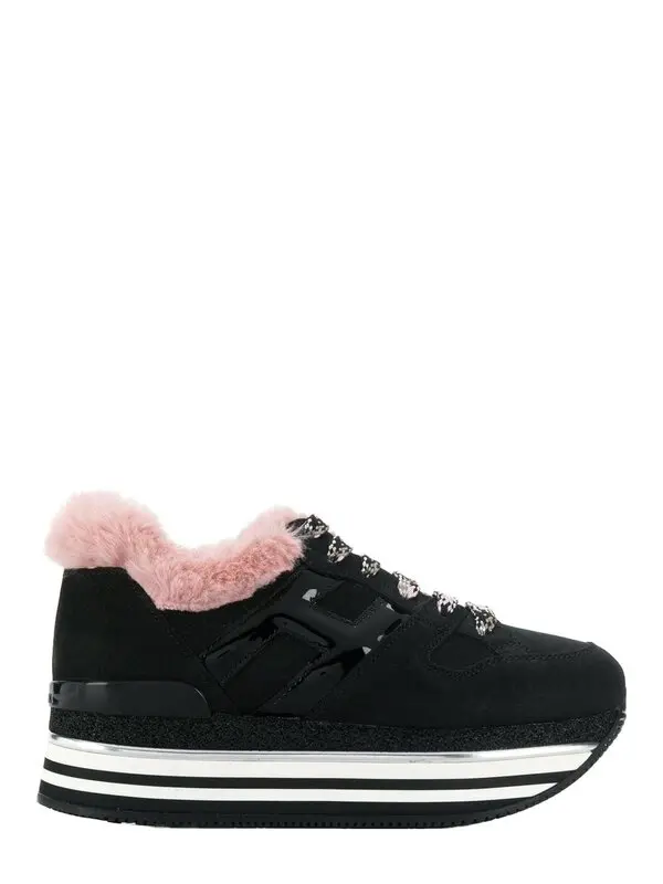 Hogan Maxi H222 Platform Sneakers With Faux Fur Trim - Black