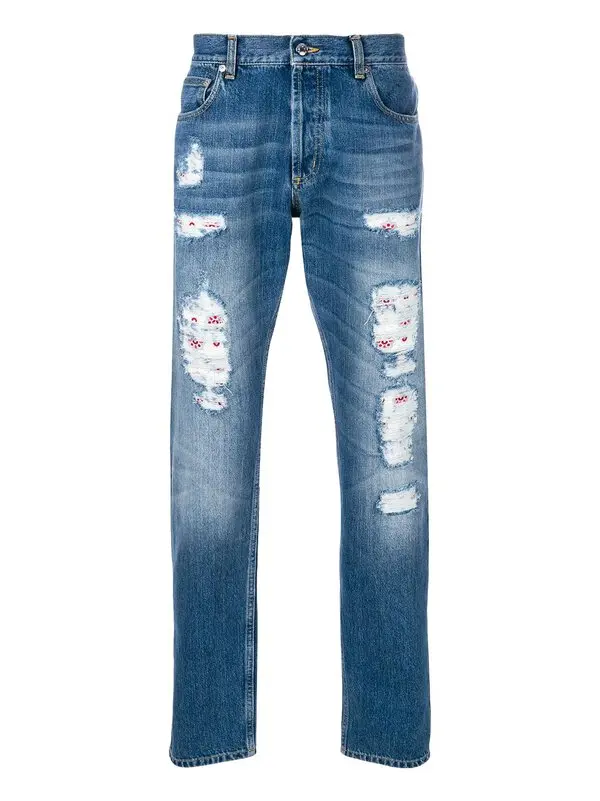 Alexander McQueen Distressed Folk Embroidery Jeans - Blue