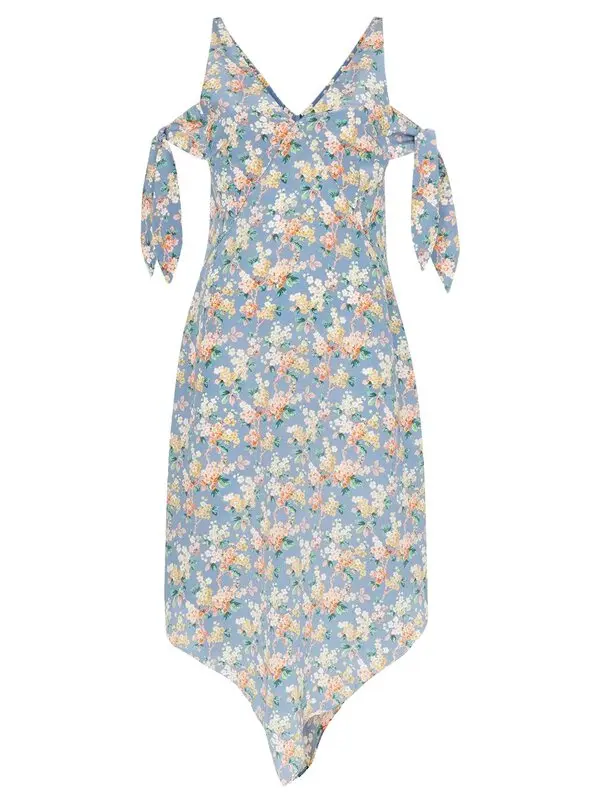 DELADA Floral Print Cold-shoulder Silk Midi Dress - Blue