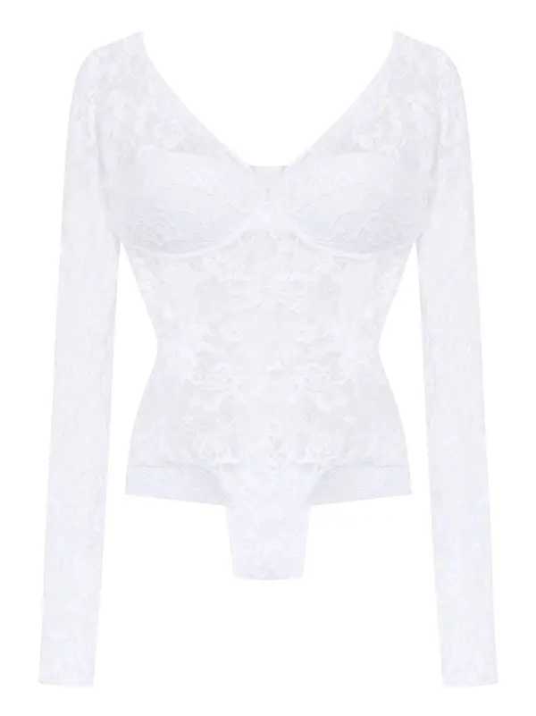 AMIR SLAMA Long Sleeved Lace Bodysuit - White