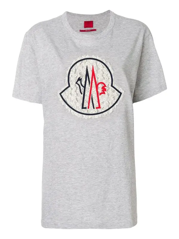 Moncler Crew Neck Short Sleeve T-shirt With Lace And Applique Detail - Grey