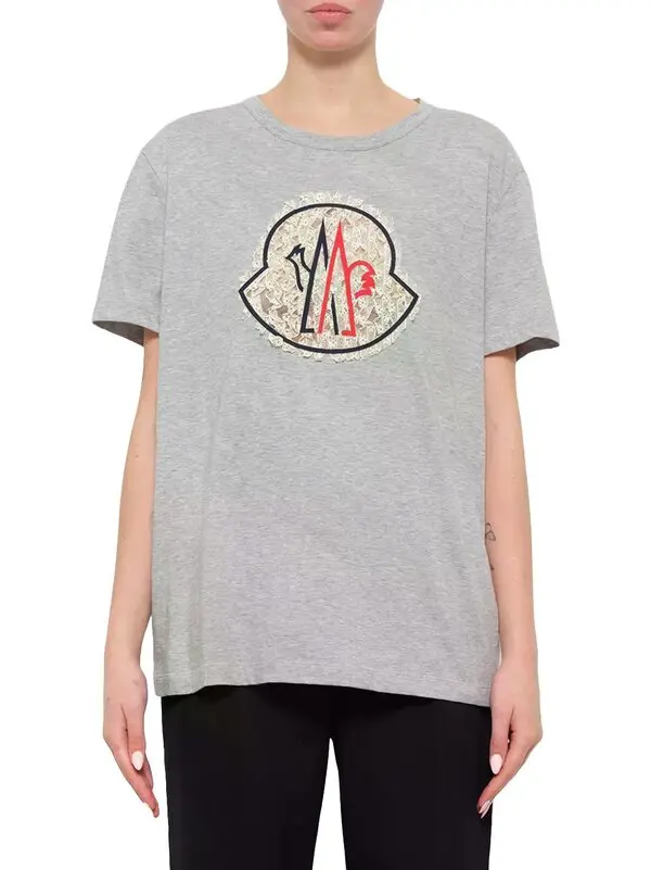 Moncler Crew Neck Short Sleeve T-shirt With Lace And Applique Detail - Grey