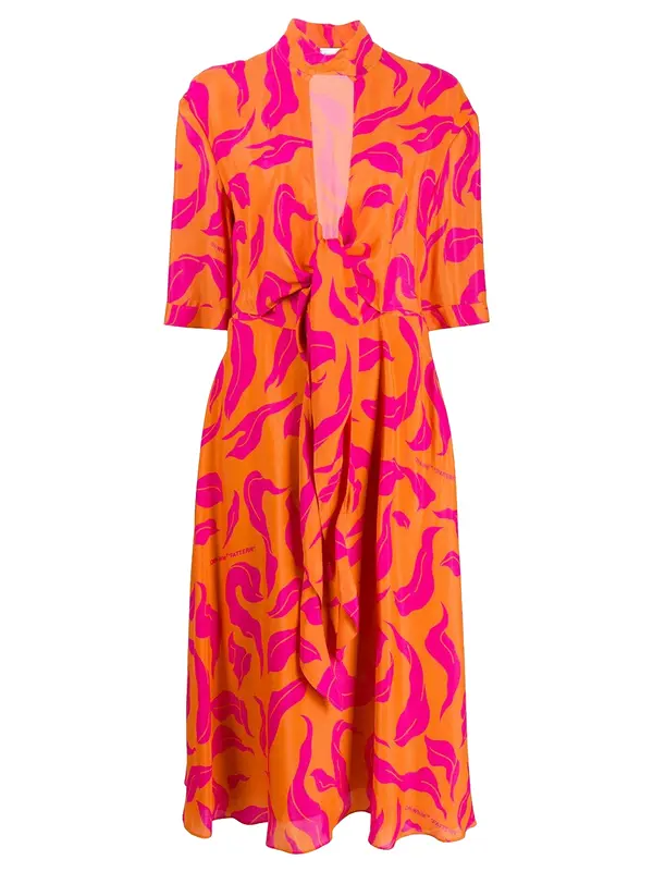 Off-White Leaf Print Plunge Dress - Orange