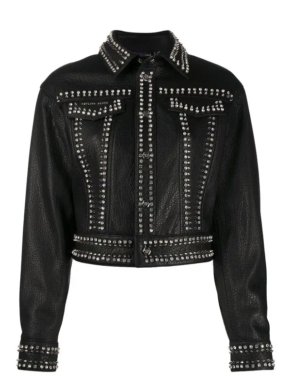 Philipp Plein Embellished Skull Leather Biker Jacket - Black