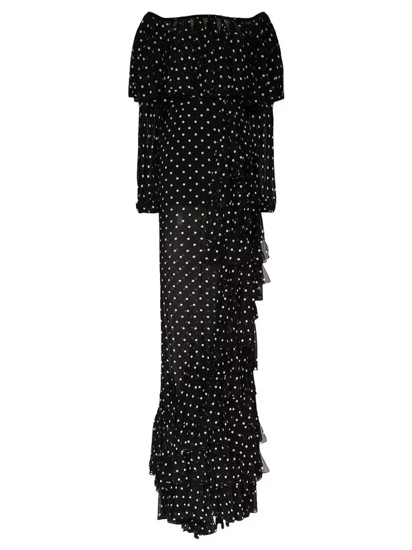 Balmain Off-the-shoulder Ruffled Polka-dot Gown - Black