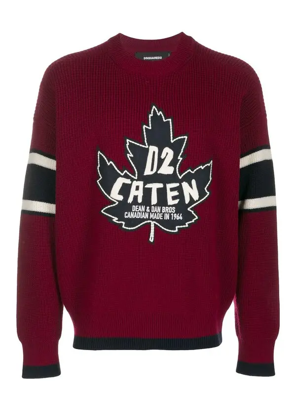 Dsquared2 Ribbed Crew Neck Sweater With Leaf Appliqu - Red