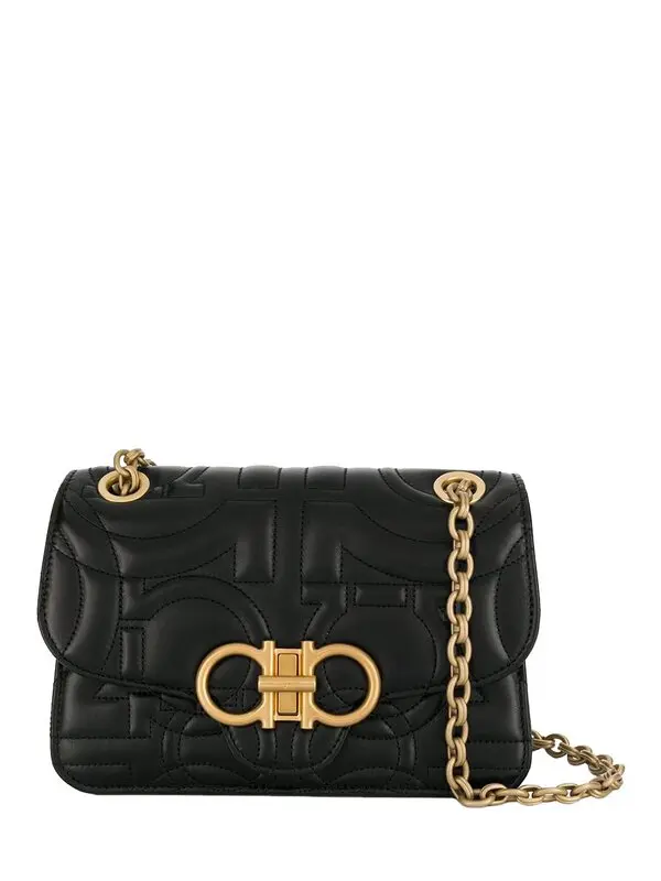 FERRAGAMO Embossed Gancini Shoulder Bag - Black